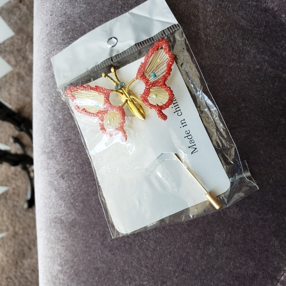 Jewelry | Butterfly Redorange Wire Moving Wings On Springs Vintage Gold ...
